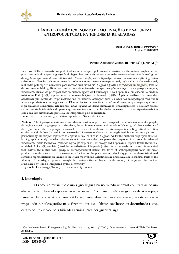 (PDF) Léxico Toponímico: Nomes De Motivações De Natureza ...