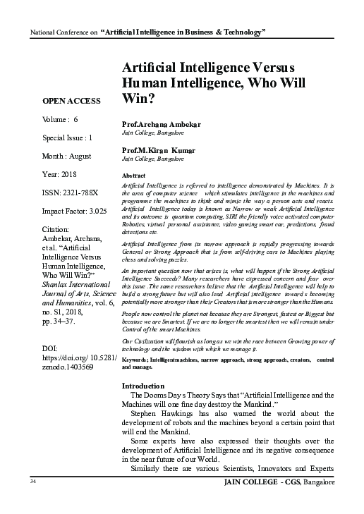 (PDF) Artificial Intelligence Versus Human Intelligence, Who Will Win?