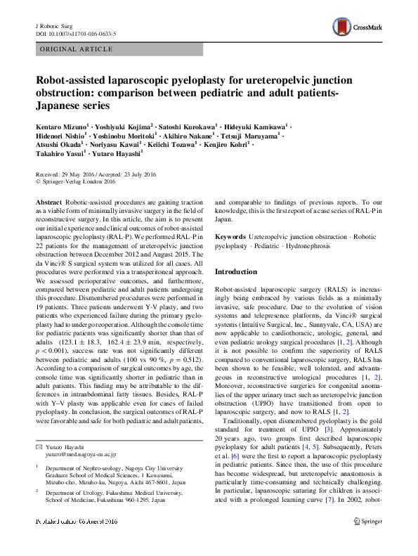 (PDF) Robot-assisted laparoscopic pyeloplasty for ureteropelvic ...