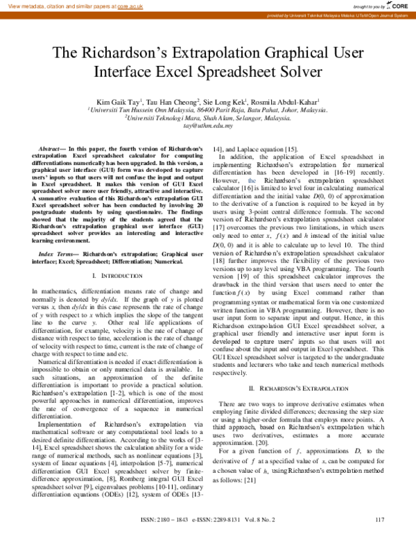 Pdf The Richardsons Extrapolation Graphical User Interface Excel Spreadsheet Solver Rosmila