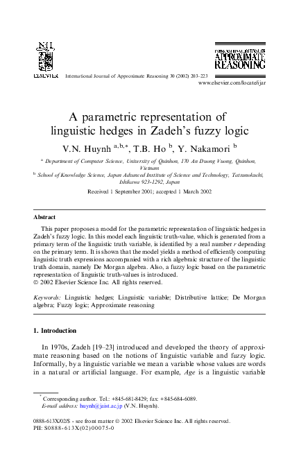 (PDF) A parametric representation of linguistic hedges in Zadeh’s fuzzy logic | Y. Nakamori ...