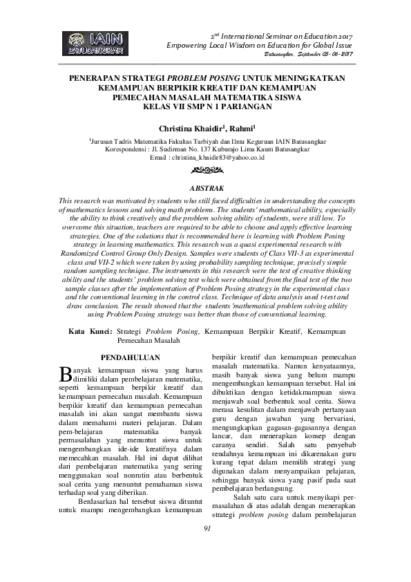 (PDF) Penerapan Strategi Problem Posing Untuk Meningkatkan Kemampuan Berpikir Kreatif Dan ...