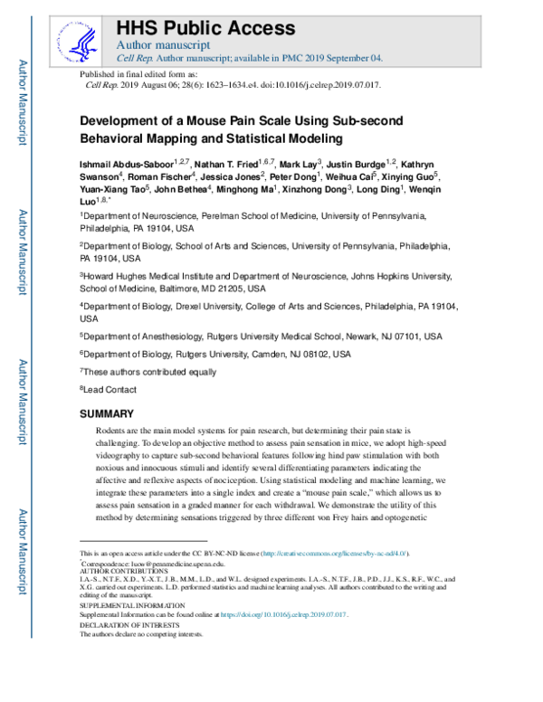 (PDF) Development of a Mouse Pain Scale Using Sub-second Behavioral ...