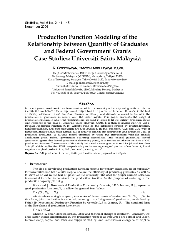 (PDF) Production Function Modeling of the Relationship between Quantity ...