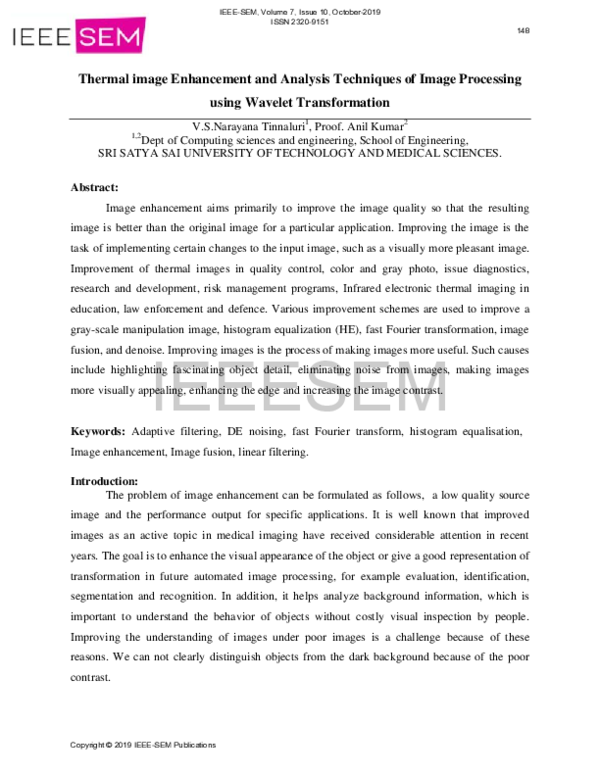 (PDF) Thermal Image Enhancement and Analysis Techniques of Image Processing Using Wavelet ...
