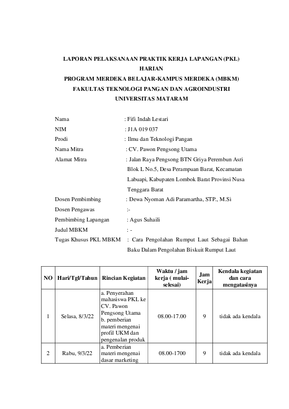 (PDF) LAPORAN PELAKSANAAN PKL MBKM FIFI INDAH LESTARI | fifi indah - Academia.edu