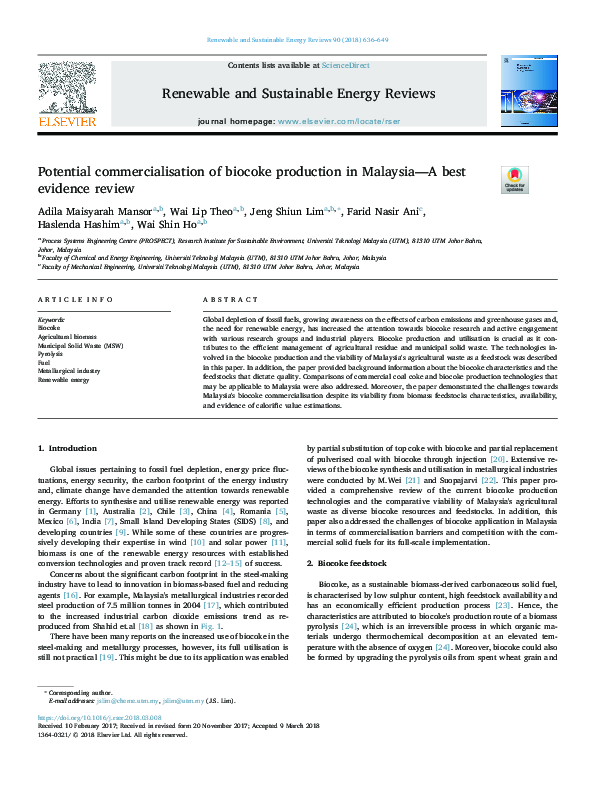 (PDF) Potential commercialisation of biocoke production in Malaysia—A ...