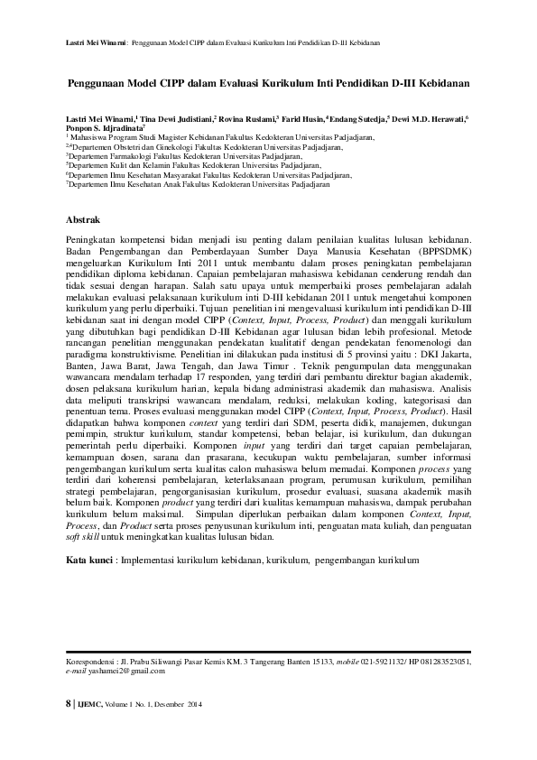 (PDF) Penggunaan Model CIPP dalam Evaluasi Kurikulum Inti Pendidikan D-III Kebidanan