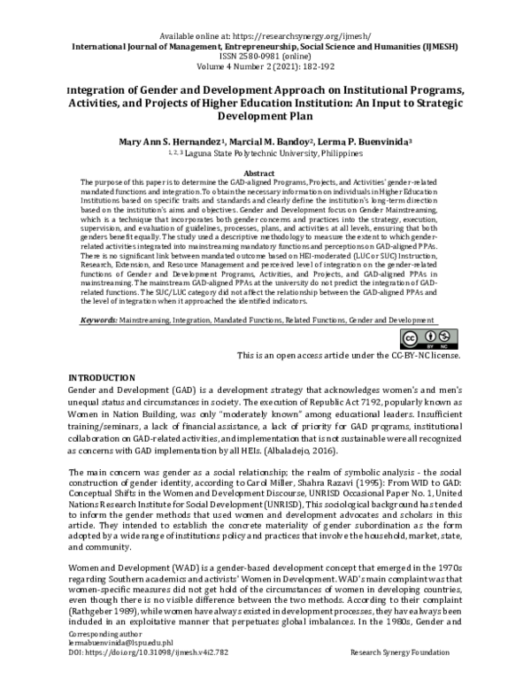 (PDF) Integration of Gender and Development Approach on Institutional ...