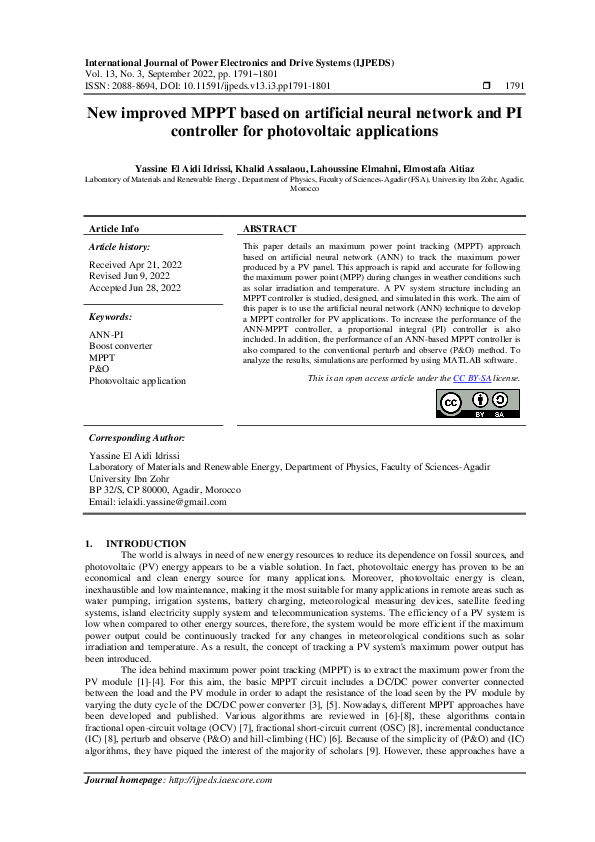 Pdf New Improved Mppt Based On Artificial Neural Network And Pi