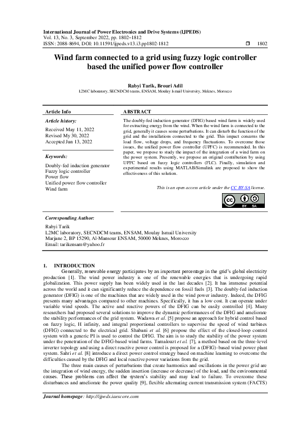 Pdf Wind Farm Connected To A Grid Using Fuzzy Logic Controller Based The Unified Power Flow