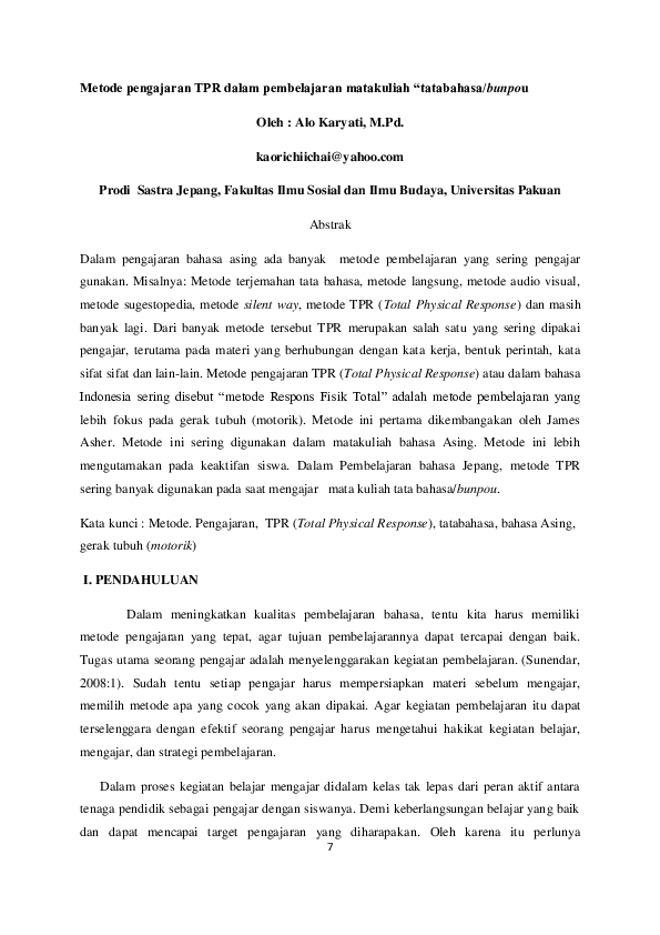 (PDF) Metode pengajaran TPR dalam pembelajaran matakuliah tatabahasa/bunpou