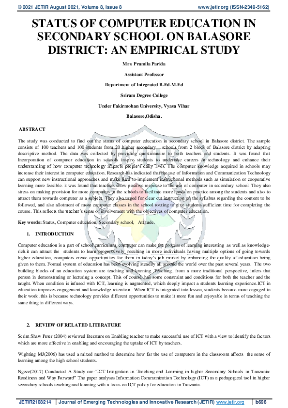 (PDF) Status Of Computer Education In Secondary School On Balasore ...