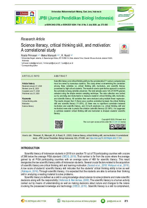 (PDF) Science literacy, critical thinking skill, and motivation: A ...