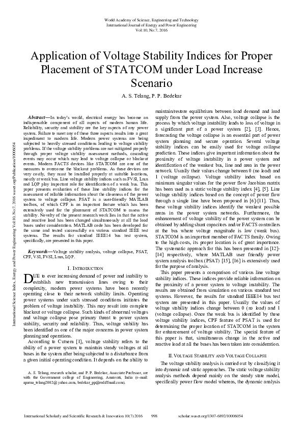 (PDF) Application Of Voltage Stability Indices For Proper Placement Of Statcom Under Load ...