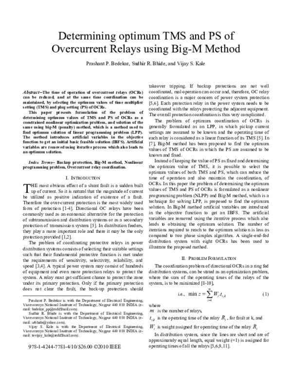 Pdf Determining Optimum Tms And Ps Of Overcurrent Relays Using Big M Method