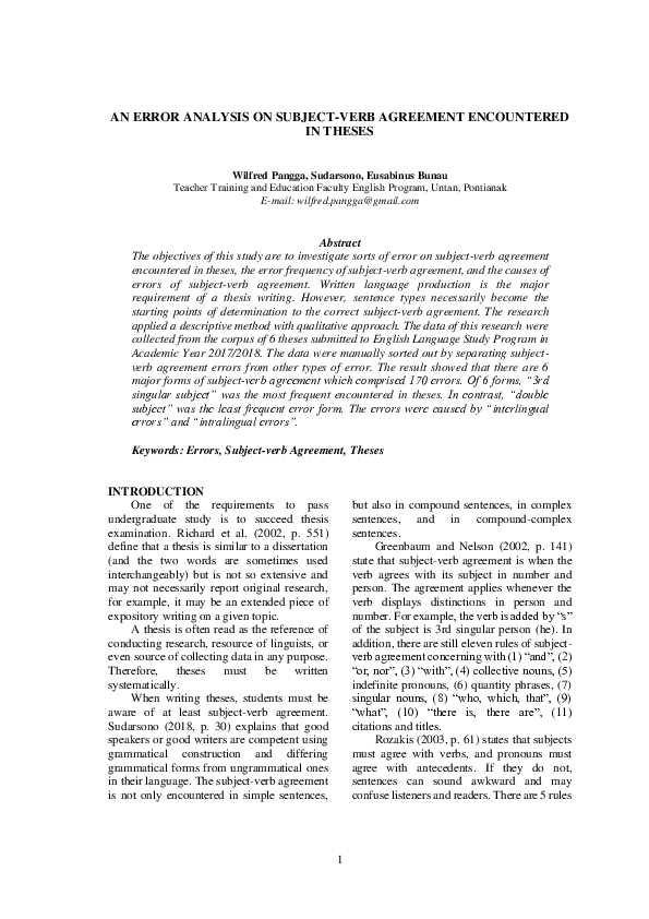 (PDF) An Error Analysis on Subject-Verb Agreement Encountered in Theses