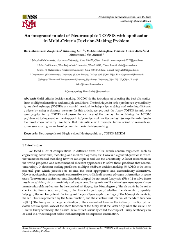 (PDF) An integrated model of Neutrosophic TOPSIS with application in ...