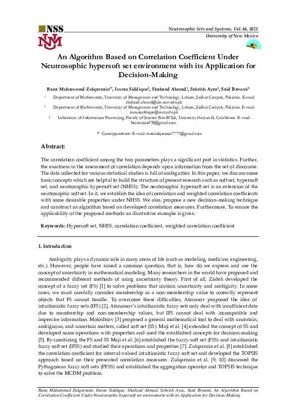 Pdf An Algorithm Based On Correlation Coefficient Under Neutrosophic Hypersoft Set Environment