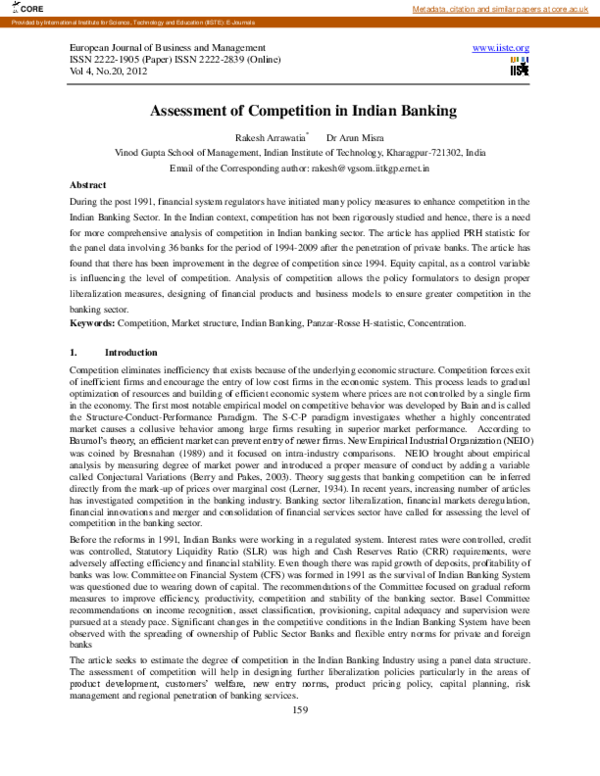 (PDF) Assessment of Competition in Indian Banking