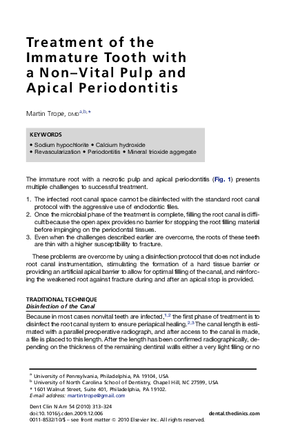 (PDF) Treatment of the immature tooth with a non-vital pulp and apical ...