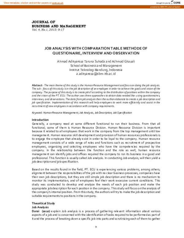 (PDF) Job Analysis with Comparation Table Methode of Questionaire ...