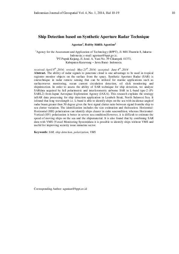 Pdf Ship Detection Based On Synthetic Aperture Radar Technique