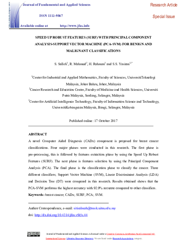 (PDF) Speed up Robust Features (SURF) with Principal Component Analysis-Support Vector Machine ...