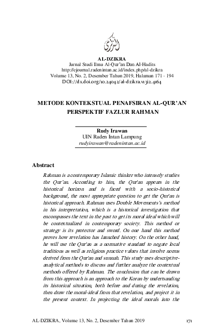 (PDF) Metode Kontekstual Penafsiran Al-Qur’an Perspektif Fazlur Rahman