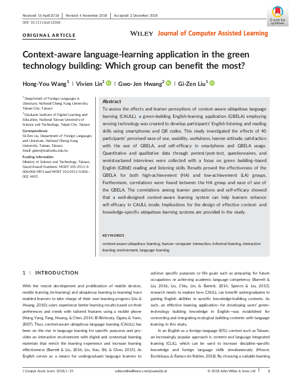 (PDF) Context‐aware language‐learning application in the green technology building: Which group ...
