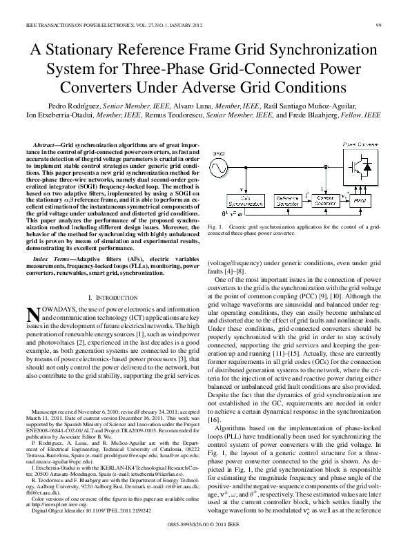 Pdf A Stationary Reference Frame Grid Synchronization System For Three Phase Grid Connected
