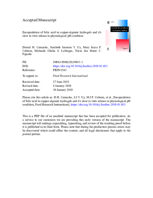 (PDF) Encapsulation of folic acid in copper-alginate hydrogels and it's slow in vitro release in ...