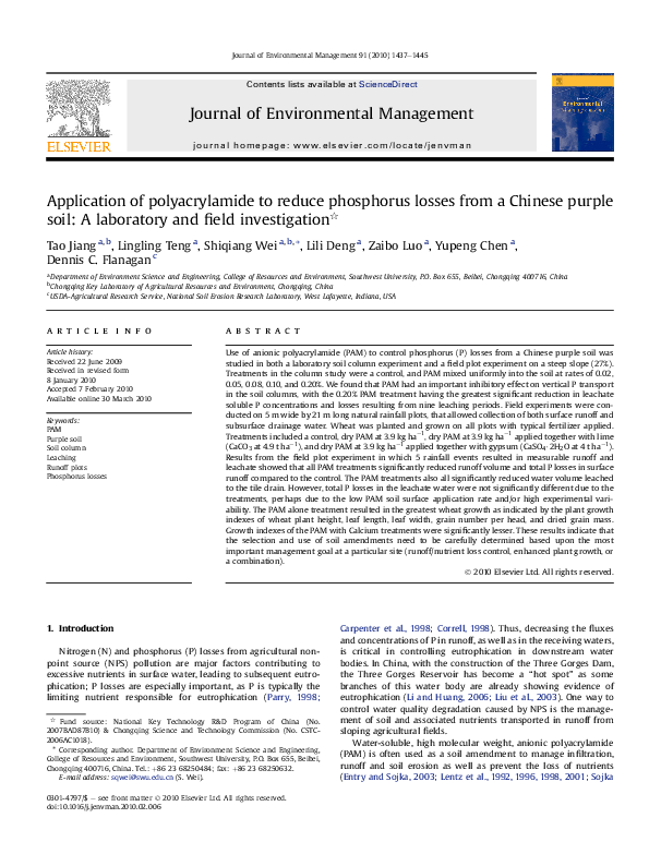 (PDF) Application of polyacrylamide to reduce phosphorus losses from a ...