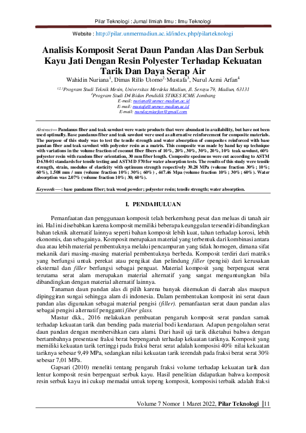 (PDF) Analisis Komposit Serat Daun Pandan Alas Dan Serbuk Kayu Jati Dengan Resin Polyester ...