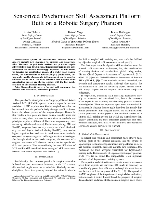 (PDF) Sensorized Psychomotor Skill Assessment Platform Built on a Robotic Surgery Phantom