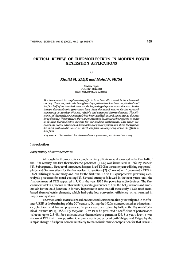 (PDF) Critical review of thermoelectrics in modern power generation applications