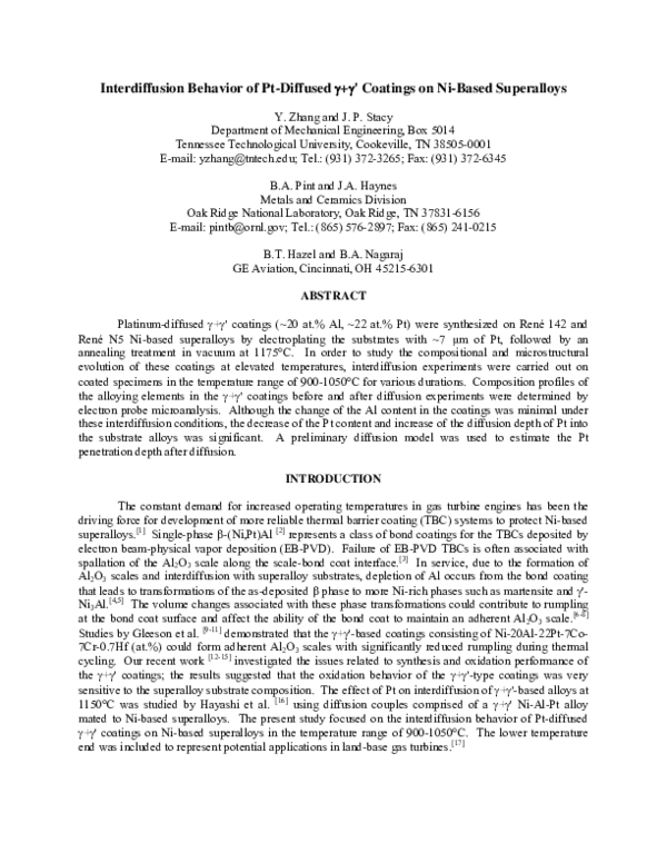 (PDF) Interdiffusion behavior of Pt-diffused γ+γ′ coatings on Ni-based ...
