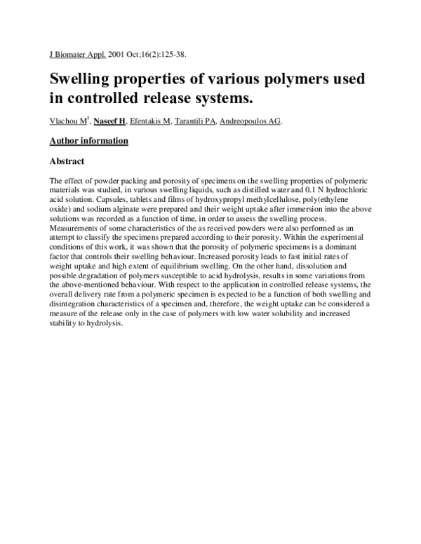 (PDF) Swelling Properties of Various Polymers Used in Controlled ...