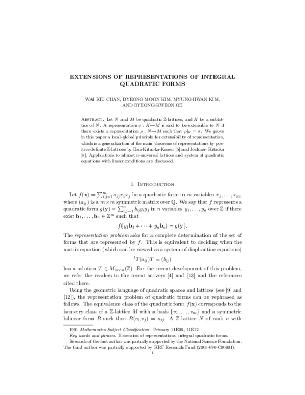 (PDF) Extensions of representations of integral quadratic forms