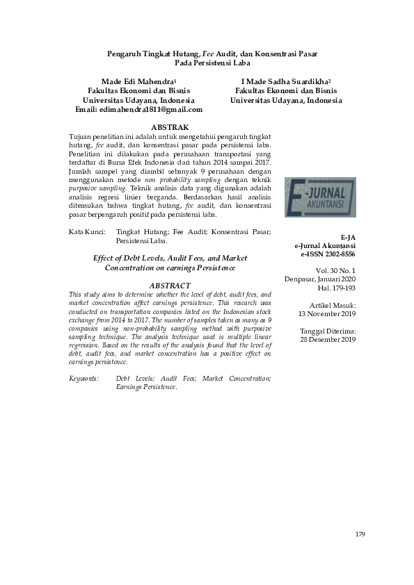(PDF) Pengaruh Tingkat Hutang, Fee Audit, dan Konsentrasi Pasar Pada Persistensi Laba