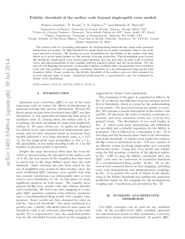 (PDF) Fidelity threshold of the surface code beyond single-qubit error models