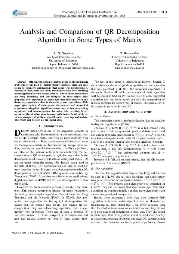 Pdf The Analysis And Comparison Of Algorithm In Qr Decomposition