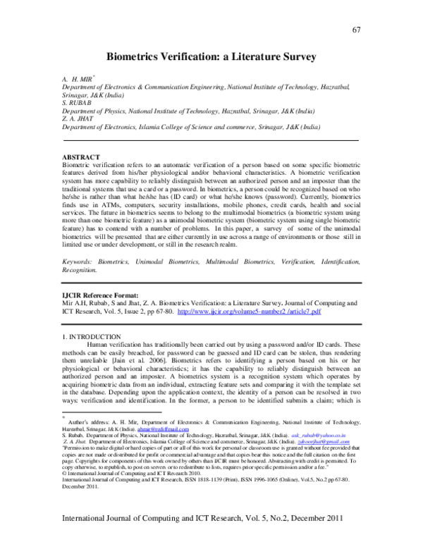 (PDF) Biometrics Verification: a Literature Survey