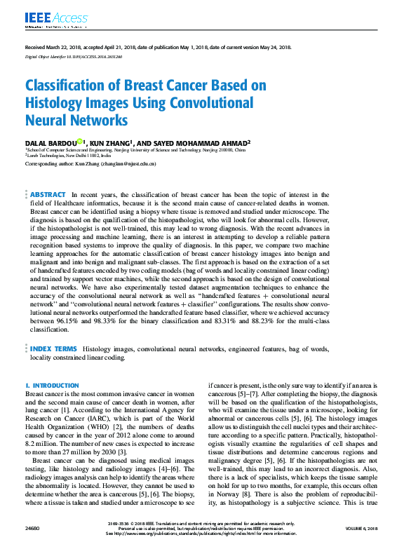 Pdf Classification Of Breast Cancer Based On Histology Images Using Convolutional Neural Networks