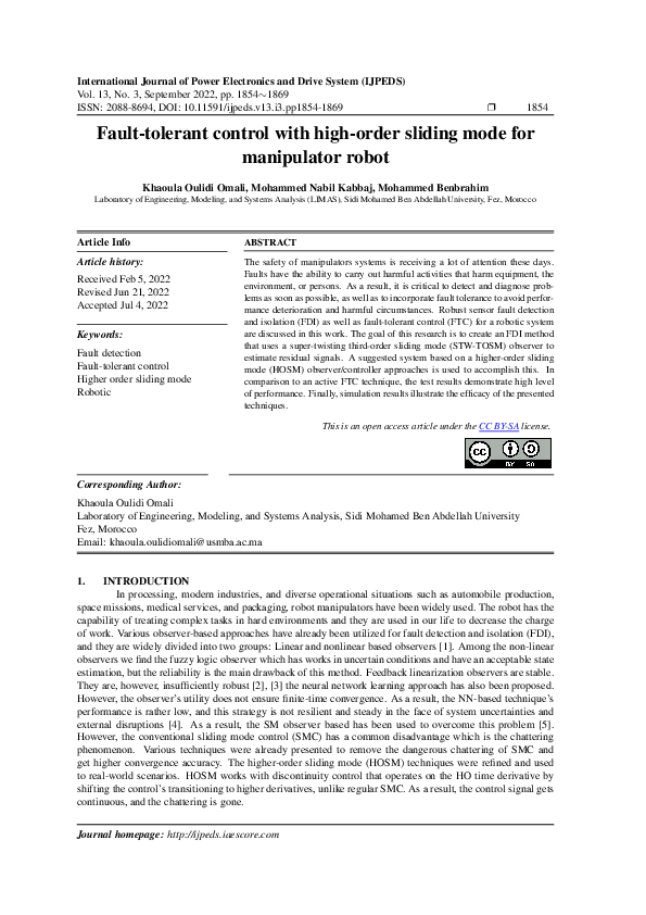 Pdf Fault Tolerant Control With High Order Sliding Mode For Manipulator Robot International