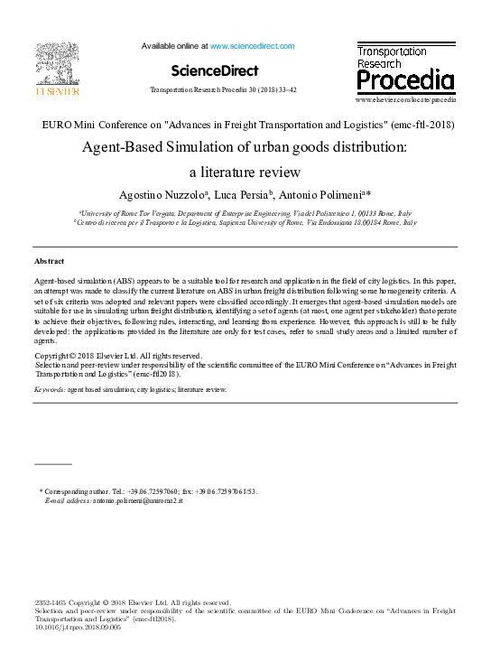 Pdf Agent Based Simulation Of Urban Goods Distribution A Literature Review 