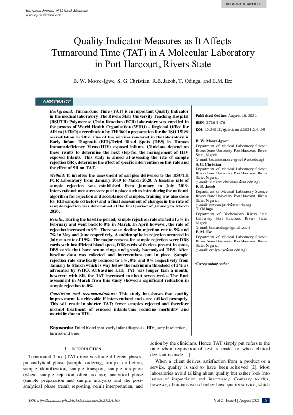 (PDF) Quality Indicator Measures as It Affects Turnaround Time (TAT) in ...