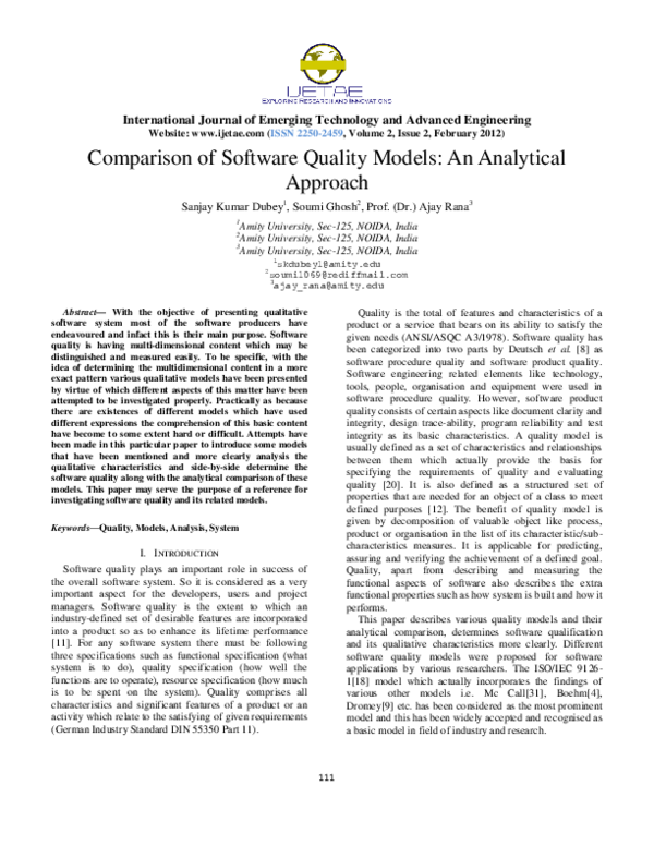 (PDF) Comparison of Software Quality Models: An Analytical Approach