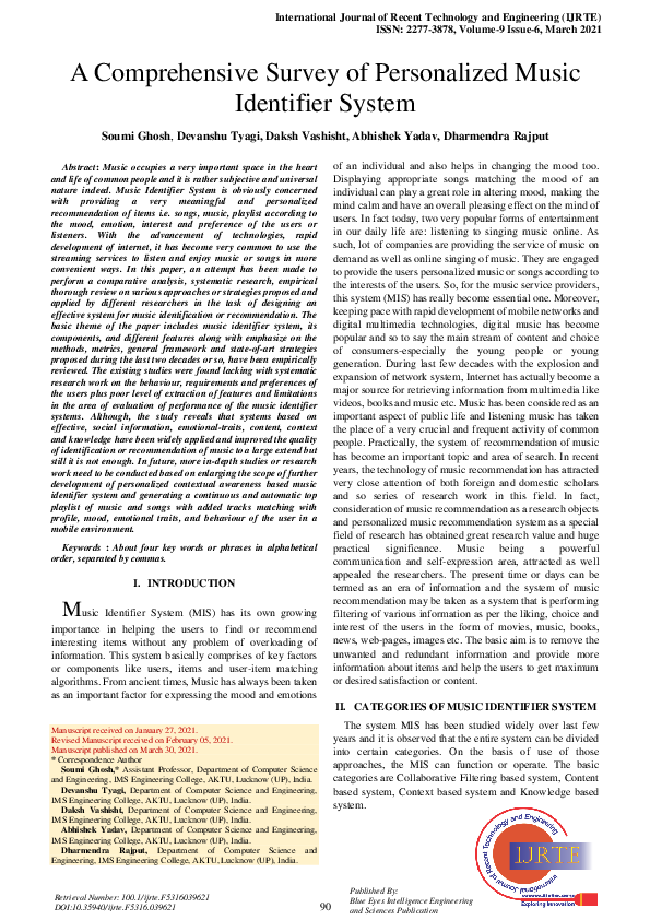 (PDF) A Comprehensive Survey of Personalized Music Identifier System