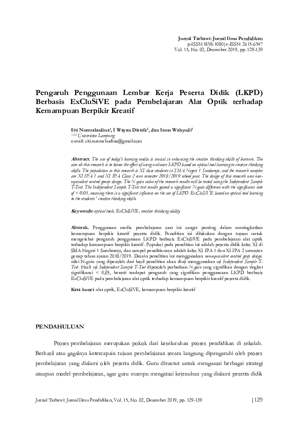 (PDF) Pengaruh Penggunaan Lembar Kerja Peserta Didik (LKPD) Berbasis Exclusive pada Pembelajaran ...